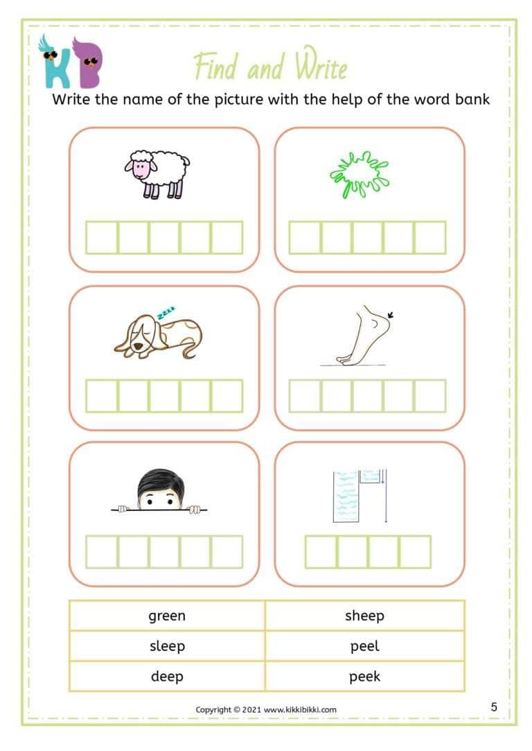 Exploring Vowel Digraphs: EE Sound Find and Write Worksheets