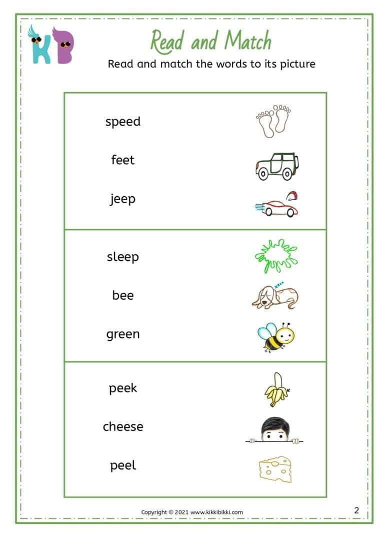 Read and Match Worksheets: Introduction to the ‘ee’ Sound