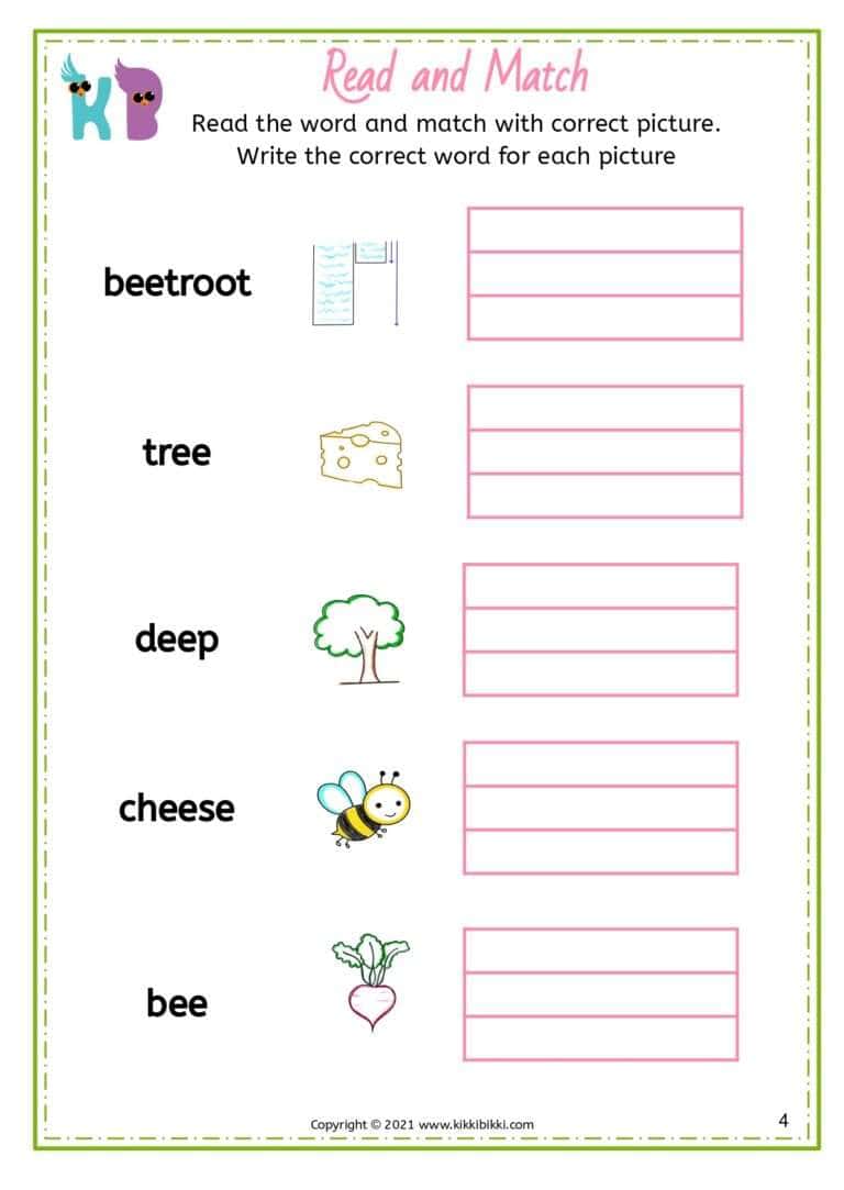 Read and Match Worksheets: Introduction to the ‘ee’ Sound
