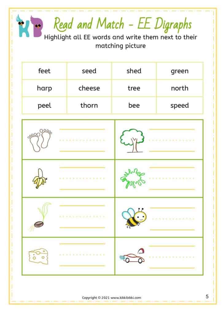 Read and Match Worksheets: Introduction to the ‘ee’ Sound