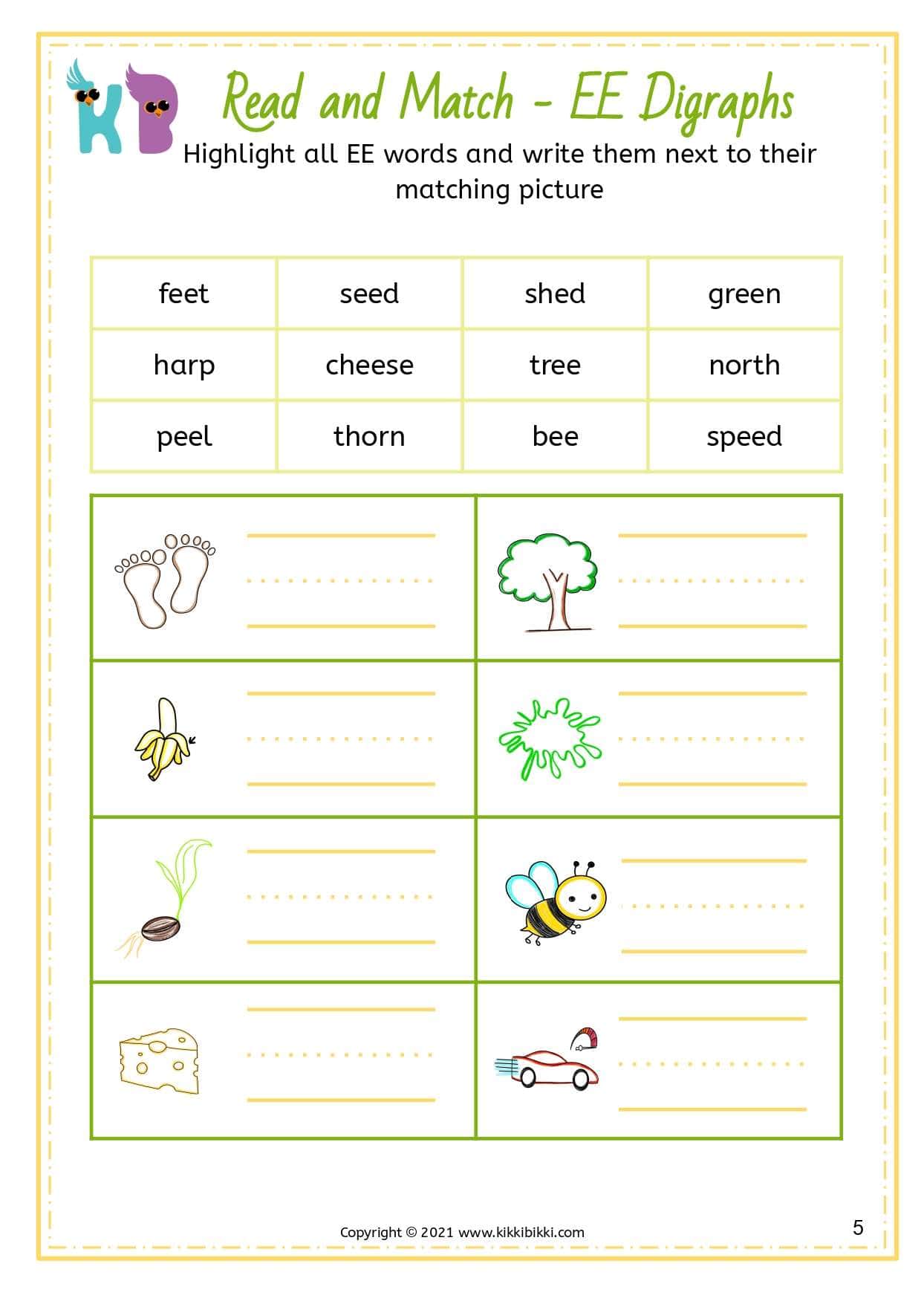 Read and Match Worksheets: Introduction to the ‘ee’ Sound