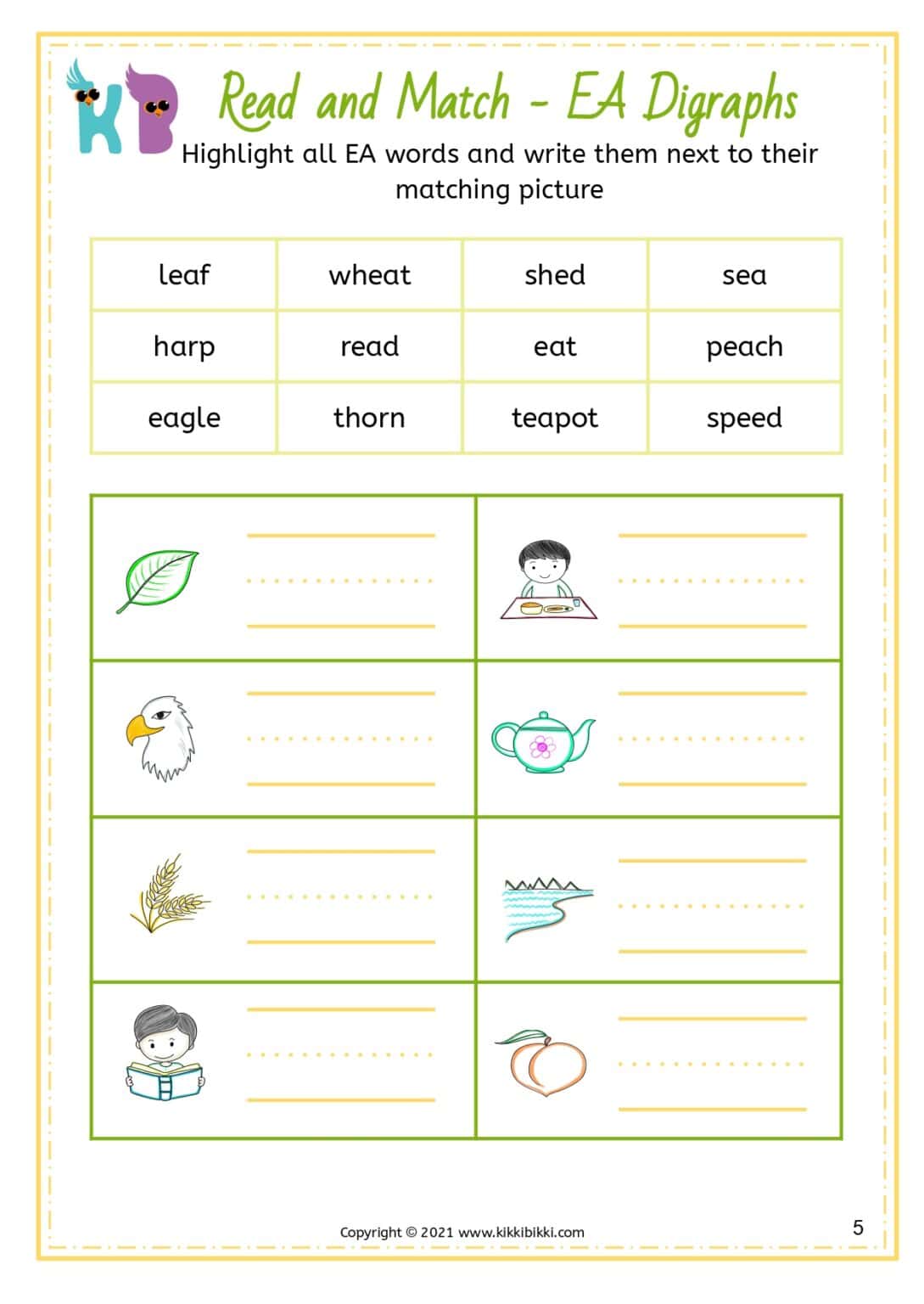 Introduction to 'EA' Sound - Read and Match Worksheets