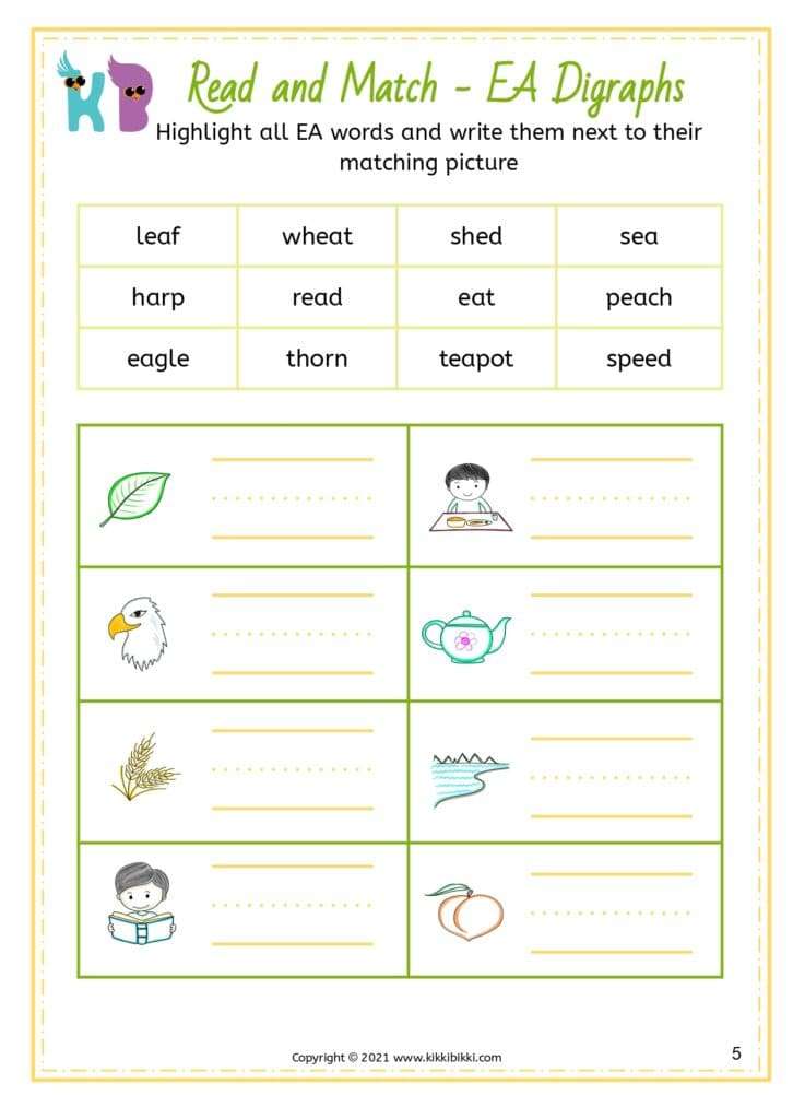 Introduction to 'EA' Sound - Read and Match Worksheets