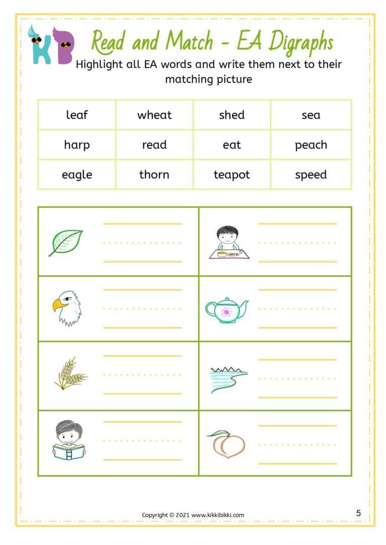 Introduction to 'EA' Sound - Read and Match Worksheets