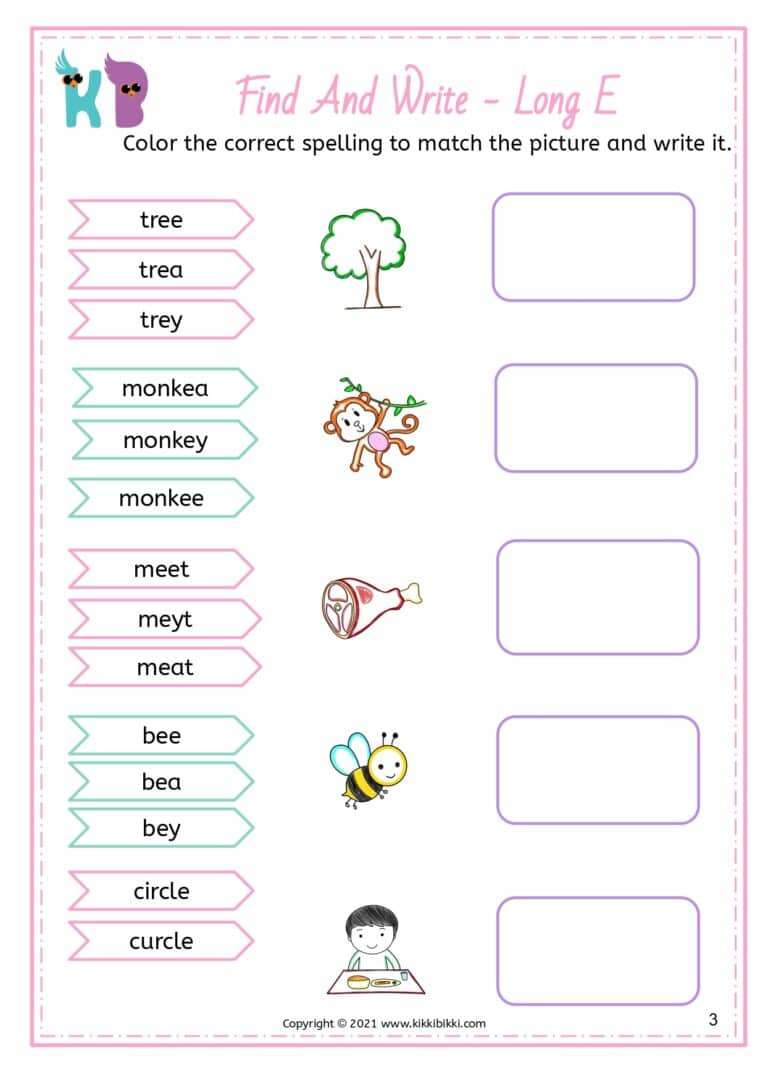 EE, EA, EY Sound Family - Find and Write Worksheets for Kids