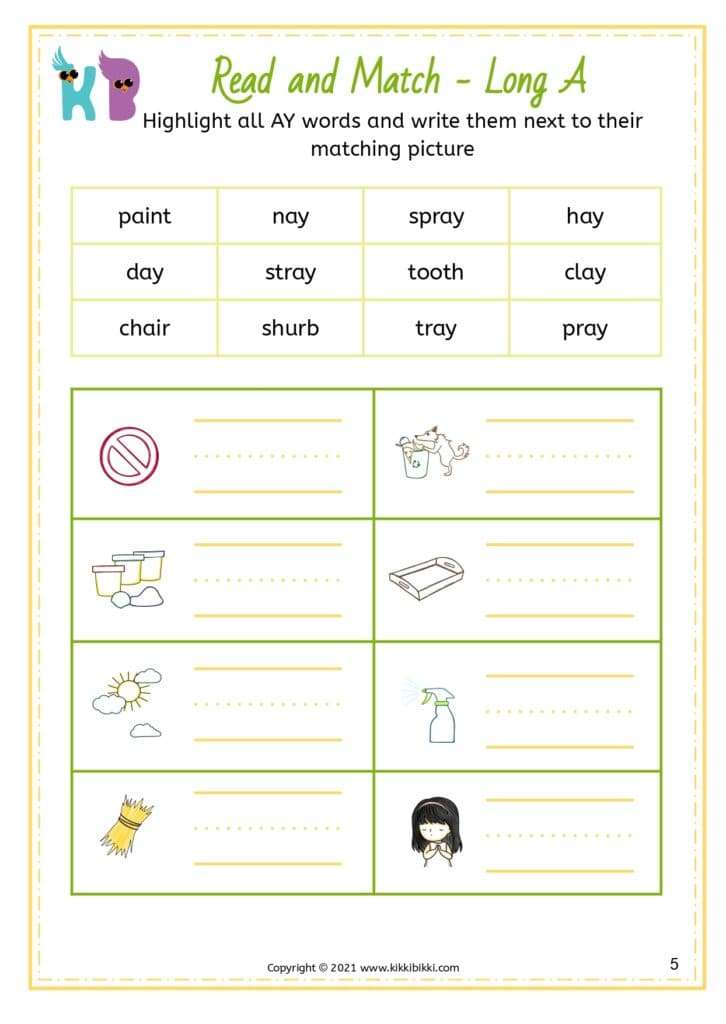 Exploring Vowel Digraphs: AY Sound Read and Match Worksheet