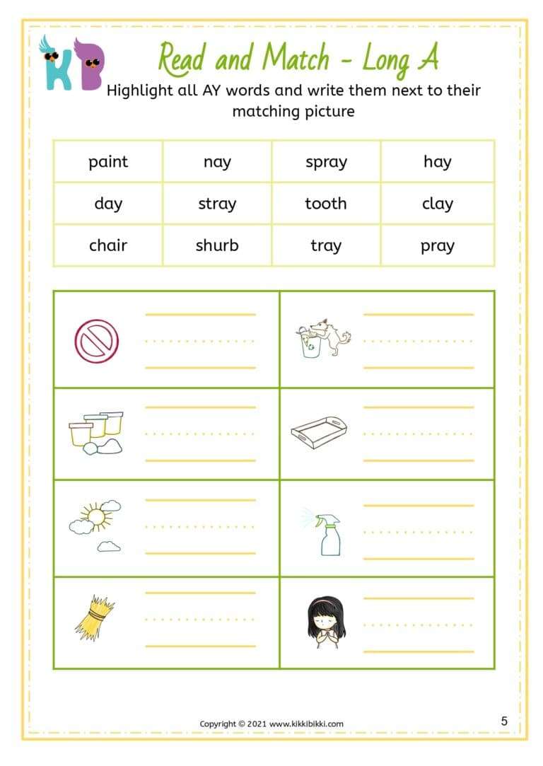 Exploring Vowel Digraphs: AY Sound Read and Match Worksheet