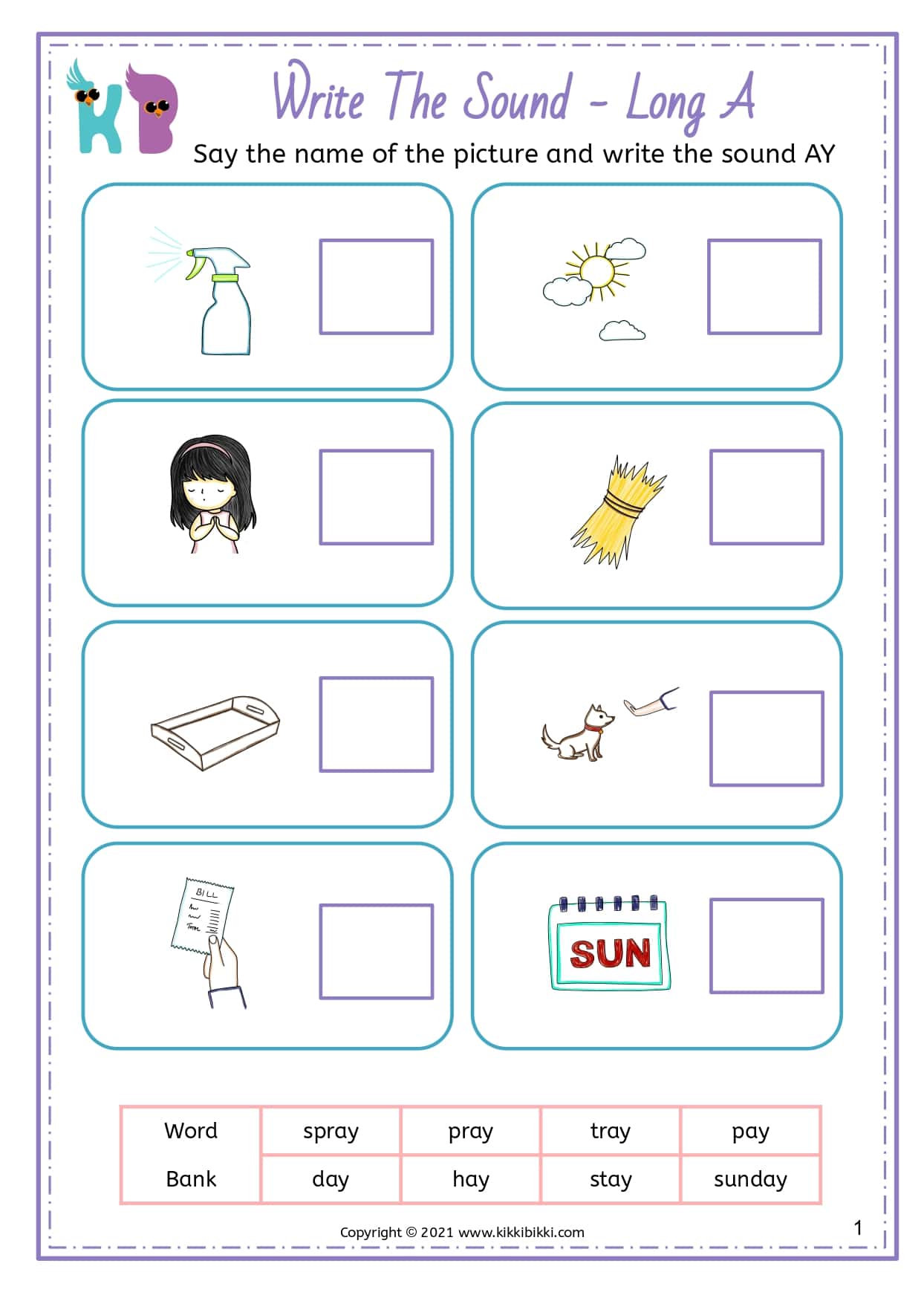 Introduction to 'AY' Sound - Write the Sound Worksheets