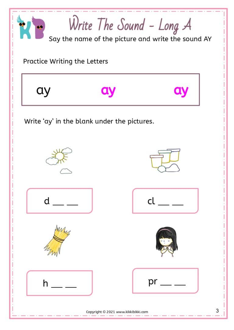 Introduction to 'AY' Sound - Write the Sound Worksheets