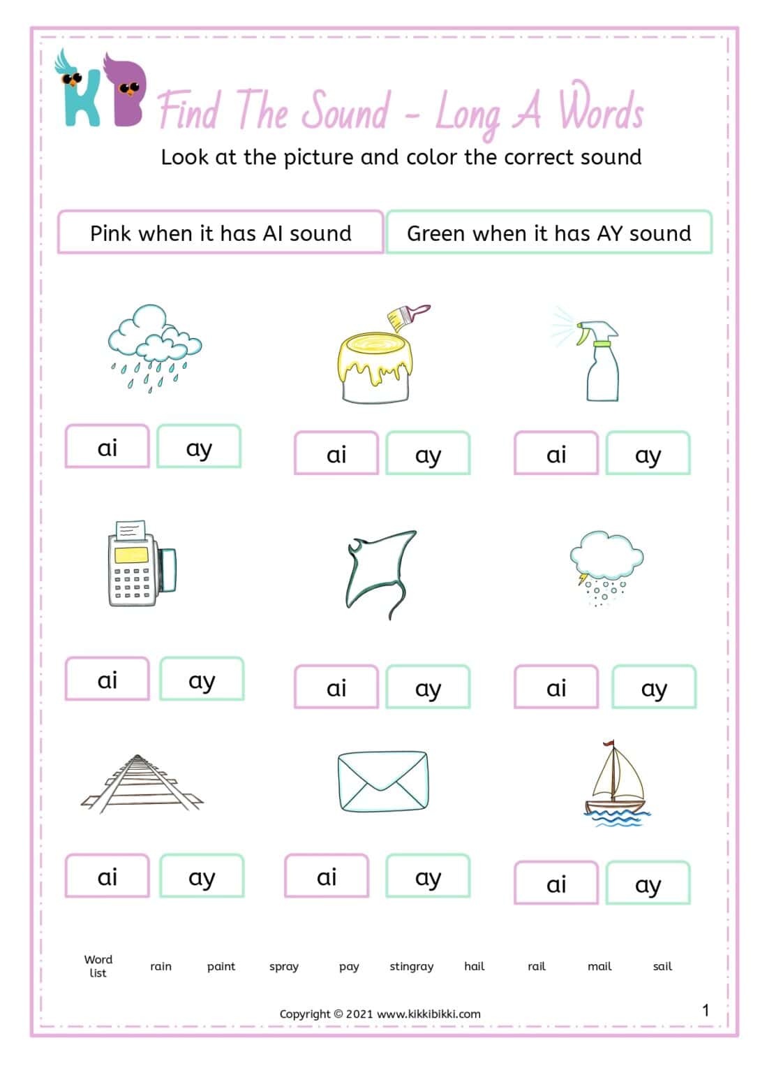 AI and AY Sound Writing Practice Worksheet