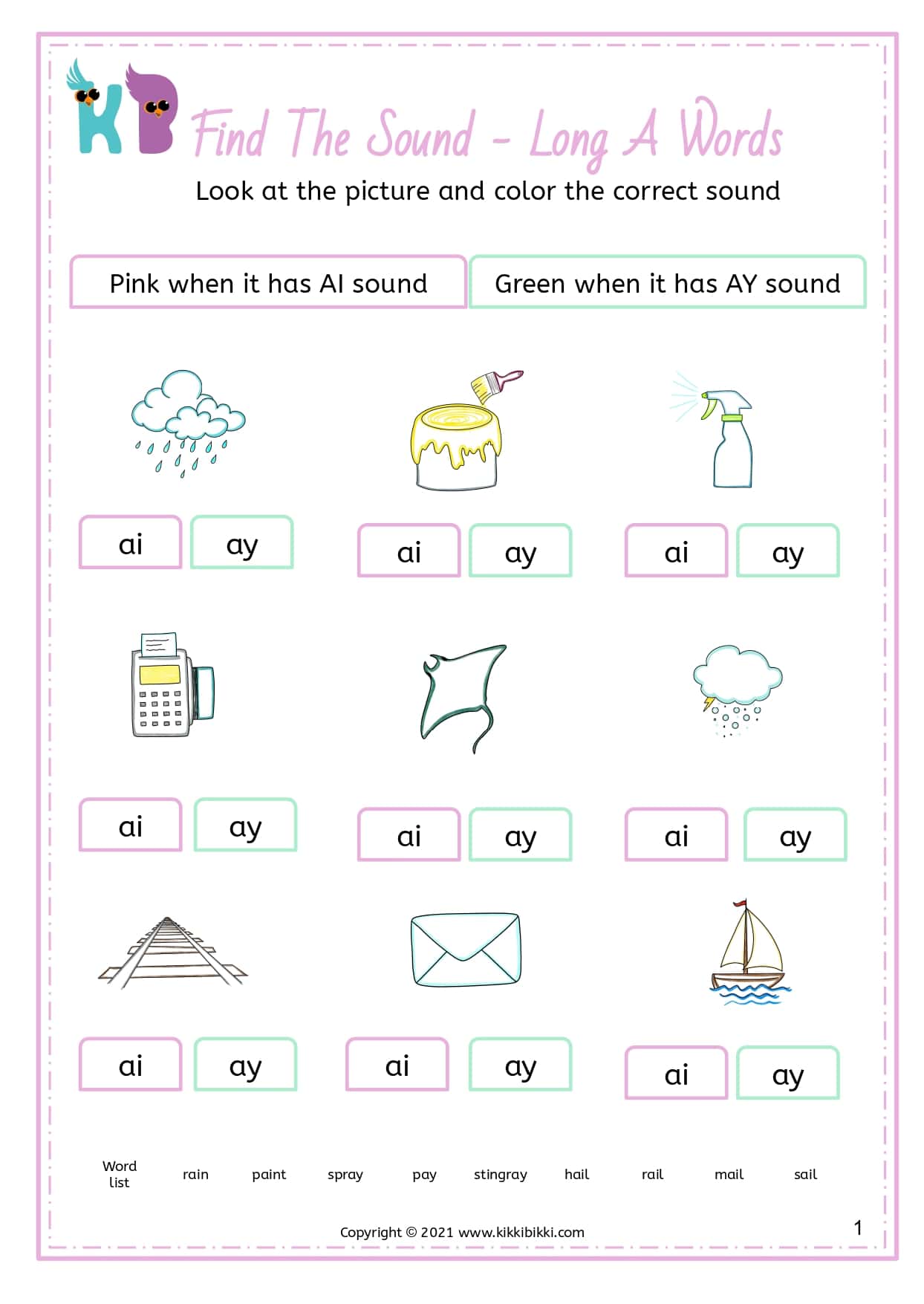 AI and AY Sound Writing Practice Worksheet