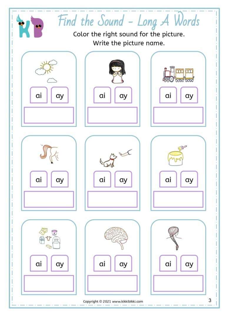 AI and AY Sound Writing Practice Worksheet