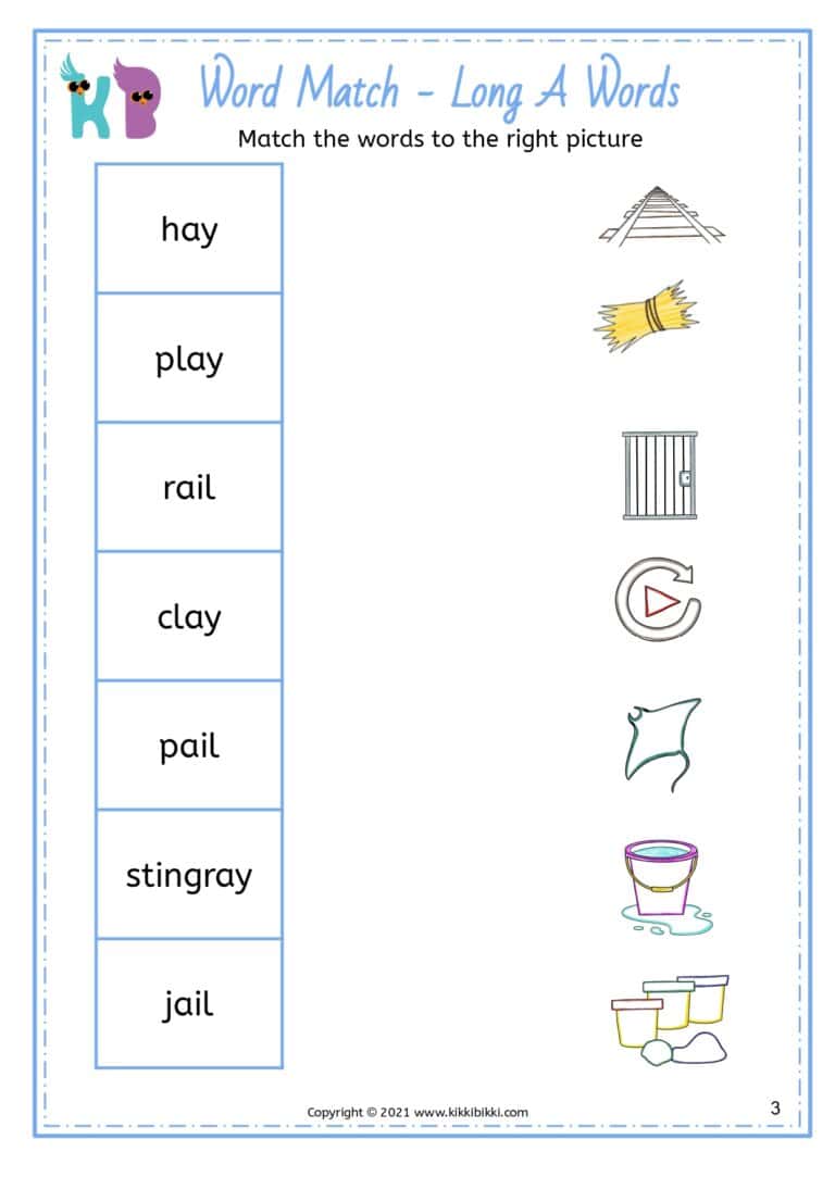 AI and AY Sound Word Match Worksheet for Kindergarten