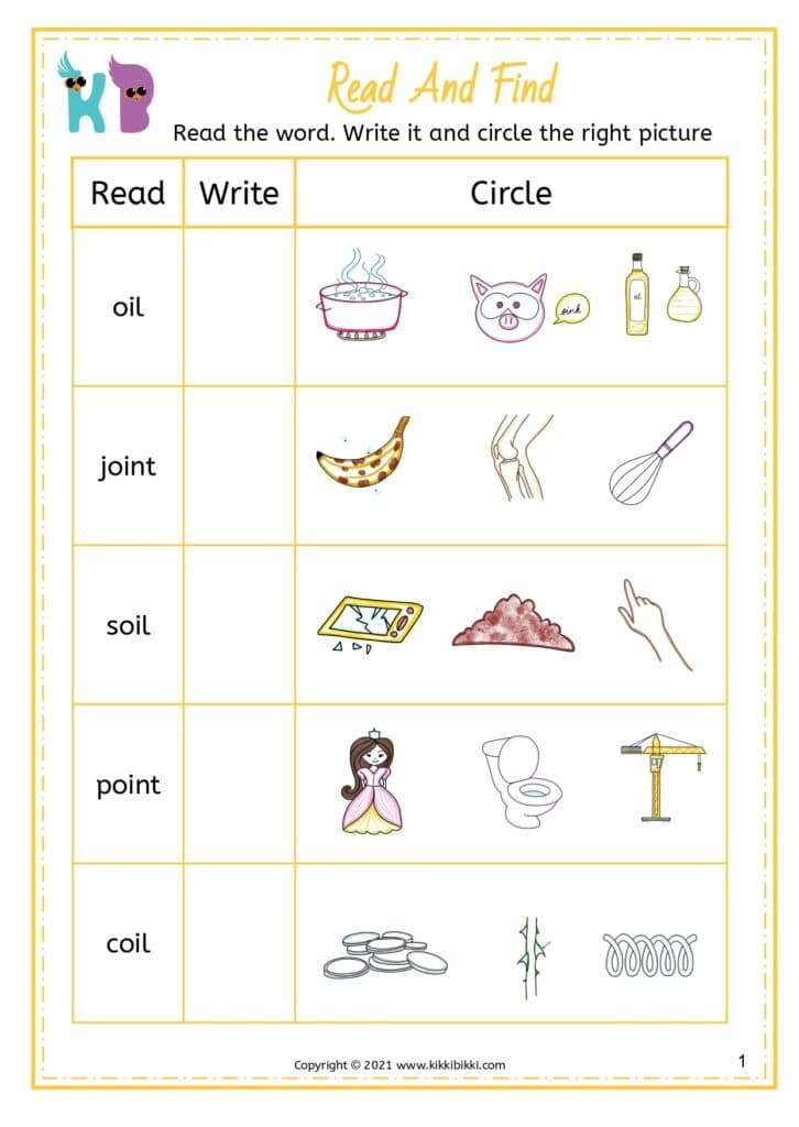 Vowel Diphthongs: OI Sound Picture Matching Worksheet