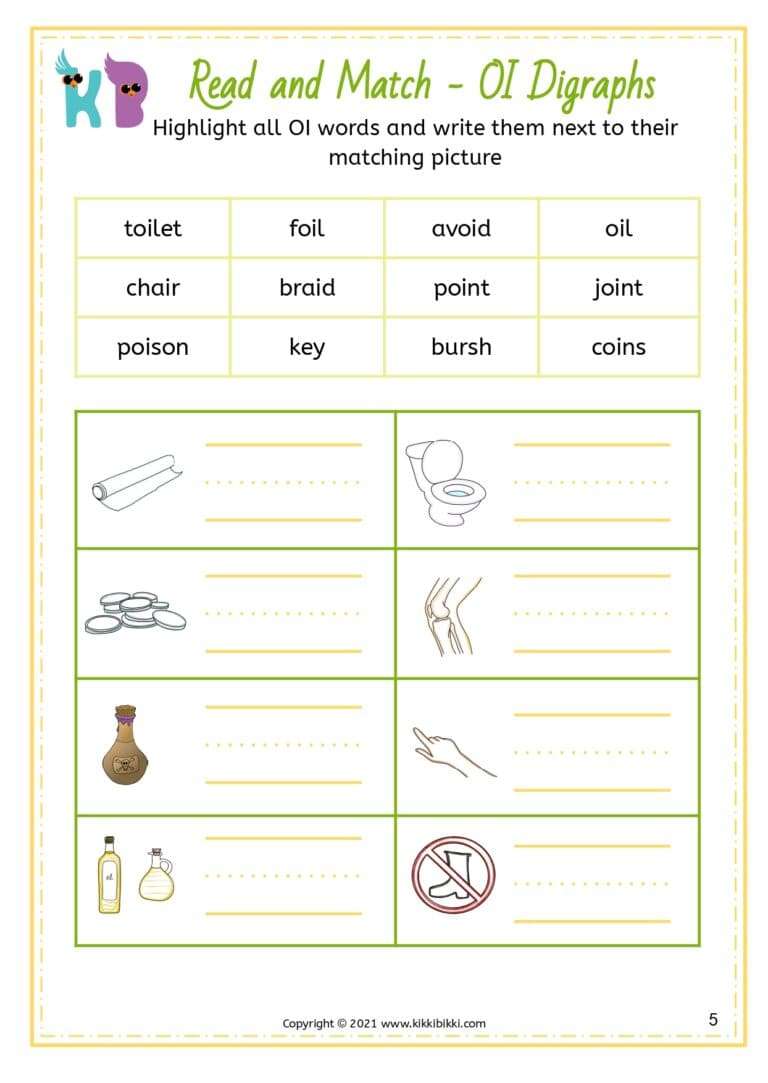 Read and Match: Free Printable OI Words Worksheets