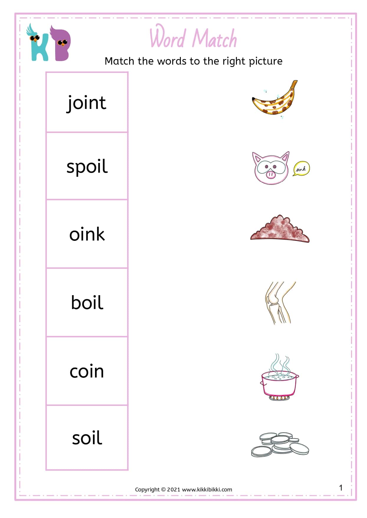 Exploring the 'OI' Sound: Word Match Worksheets for Phonics Fun