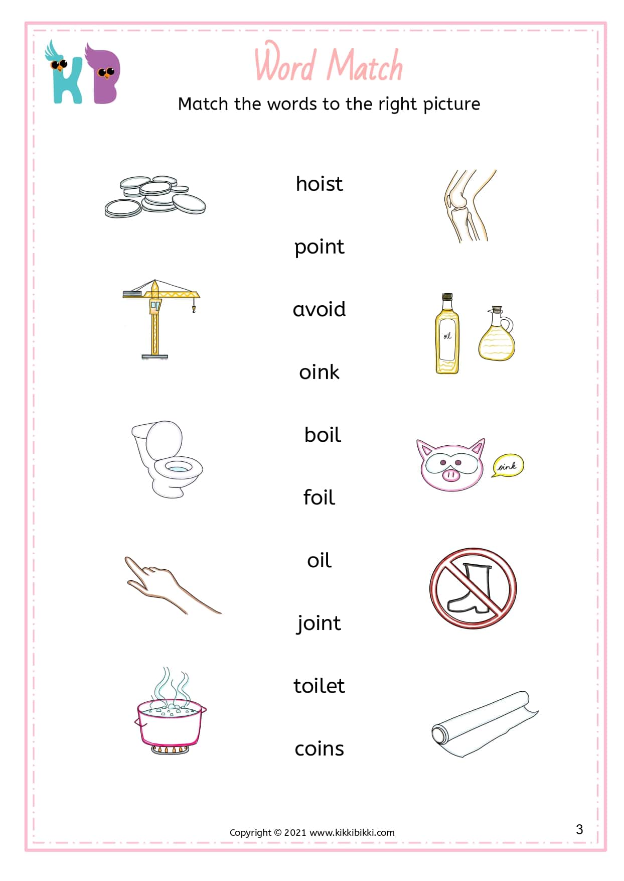 Exploring the 'OI' Sound: Word Match Worksheets for Phonics Fun