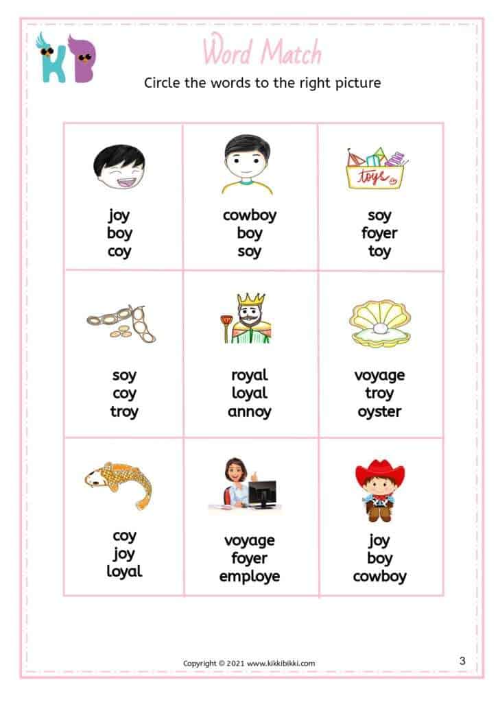 "Exploring Vowel Diphthongs: OY Sound Word Match Worksheets"