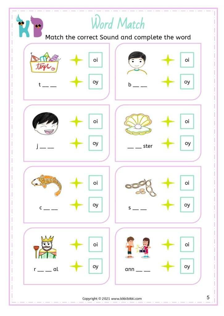 "Exploring Vowel Diphthongs: OY Sound Word Match Worksheets"