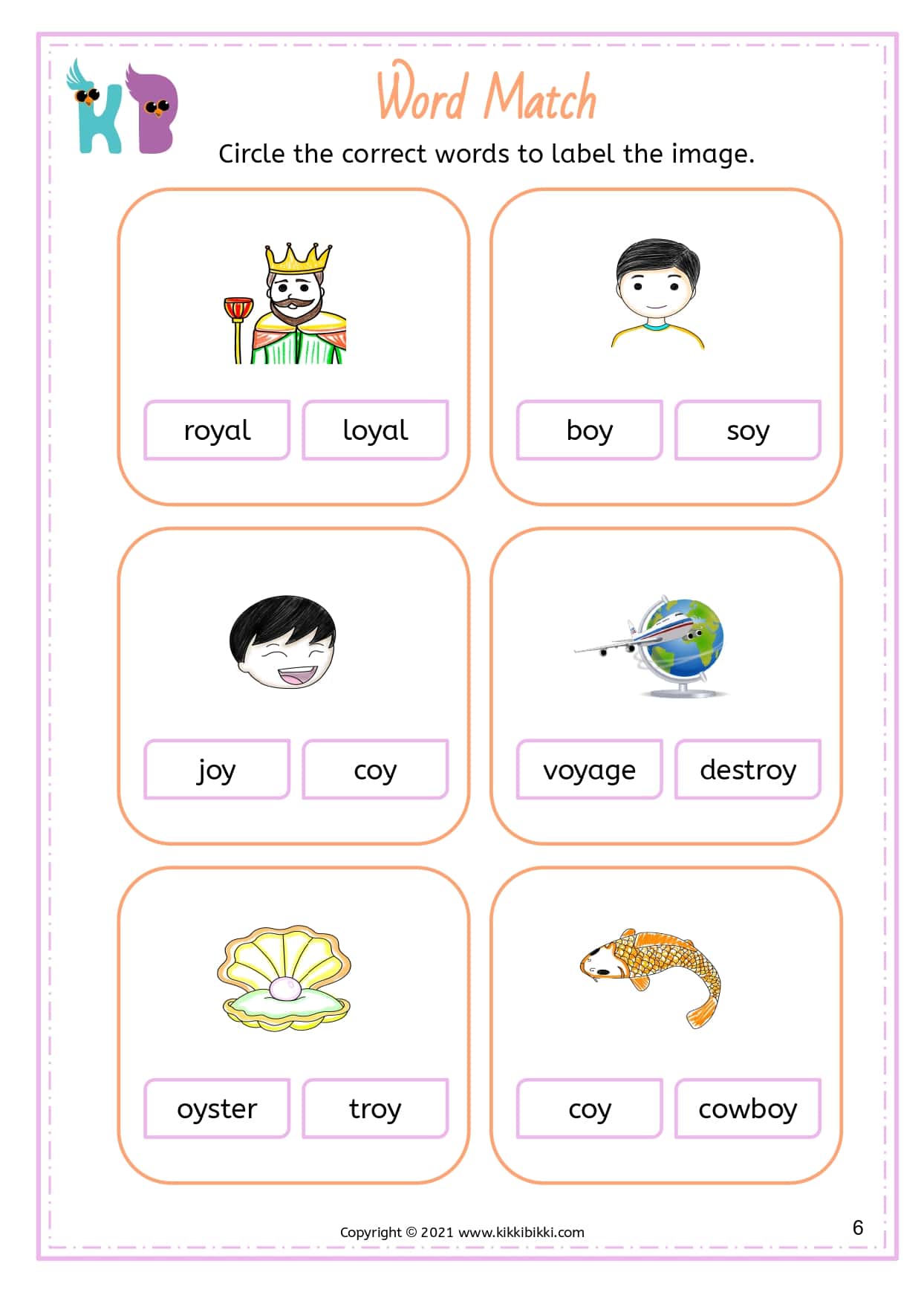 "Exploring Vowel Diphthongs: OY Sound Word Match Worksheets"