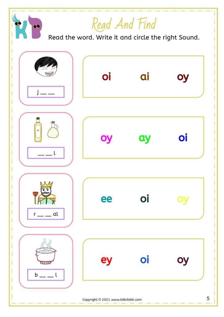 Discovering OI and OY Sounds: Read and Find Worksheets