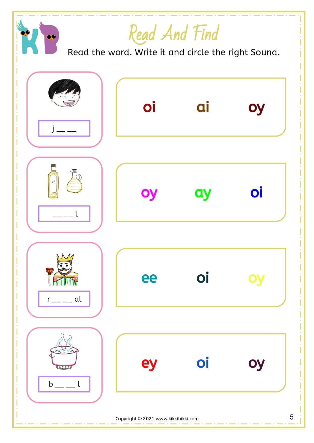 Discovering OI and OY Sounds: Read and Find Worksheets