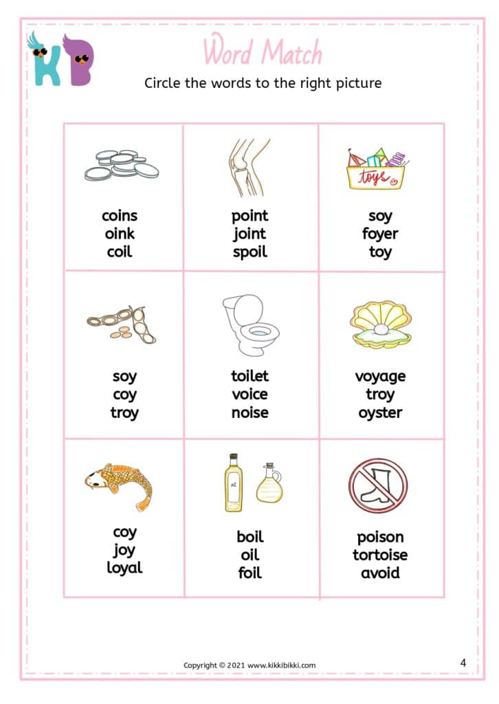 OI and OY Sounds: Word Match Worksheets for Phonics Fun