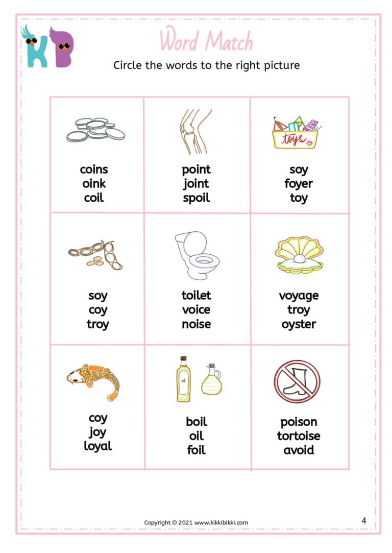 OI and OY Sounds: Word Match Worksheets for Phonics Fun