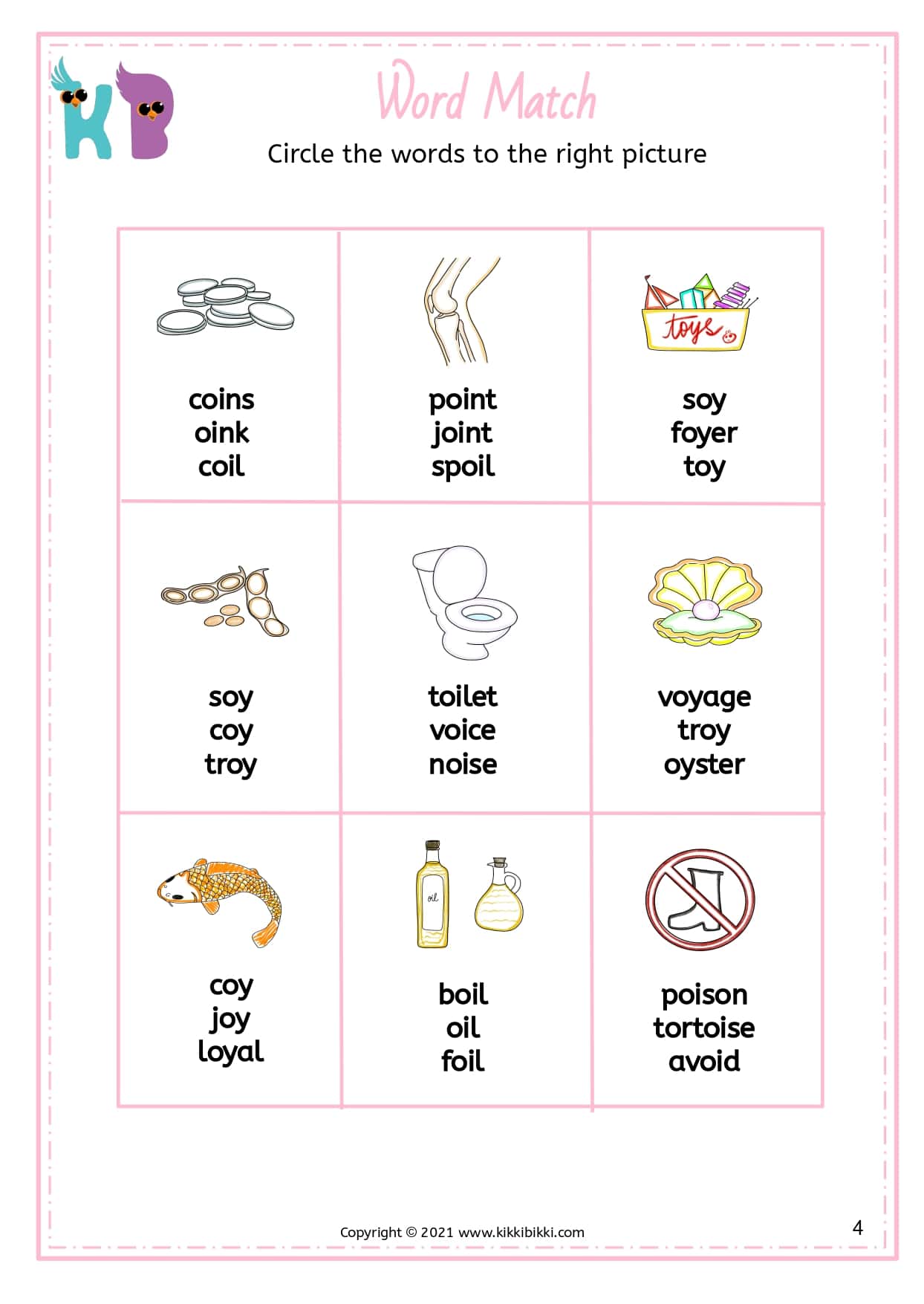 OI and OY Sounds: Word Match Worksheets for Phonics Fun