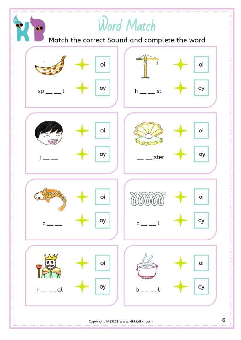 OI and OY Sounds: Word Match Worksheets for Phonics Fun