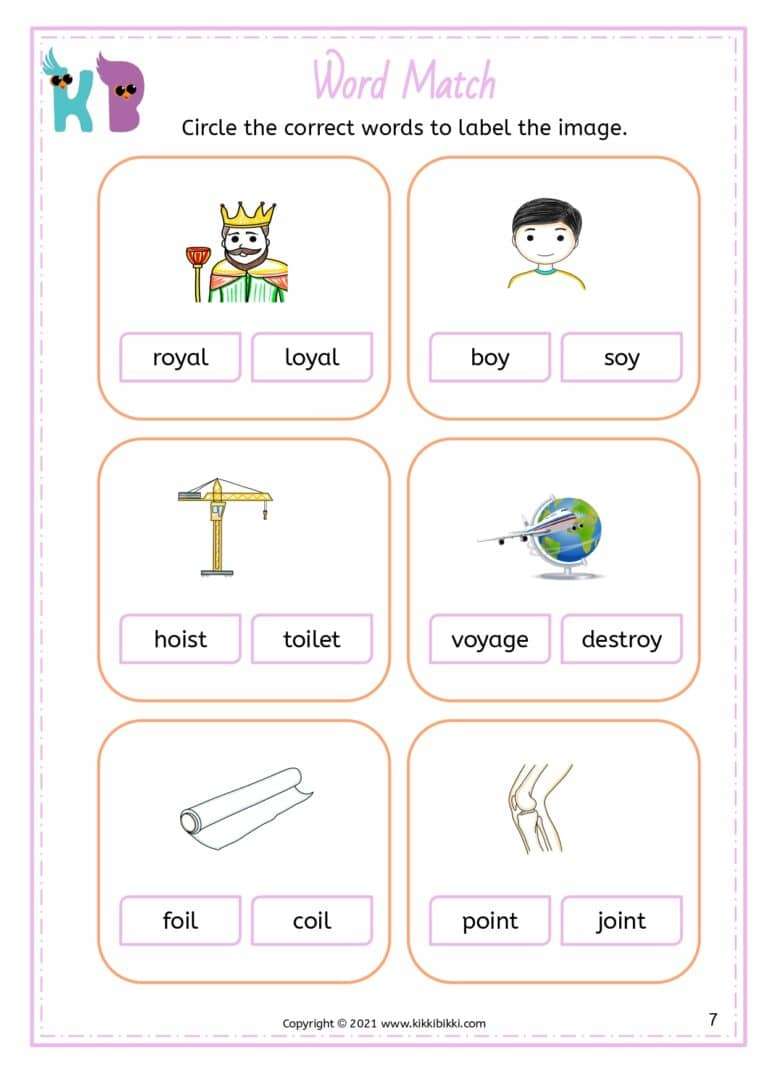 OI and OY Sounds: Word Match Worksheets for Phonics Fun