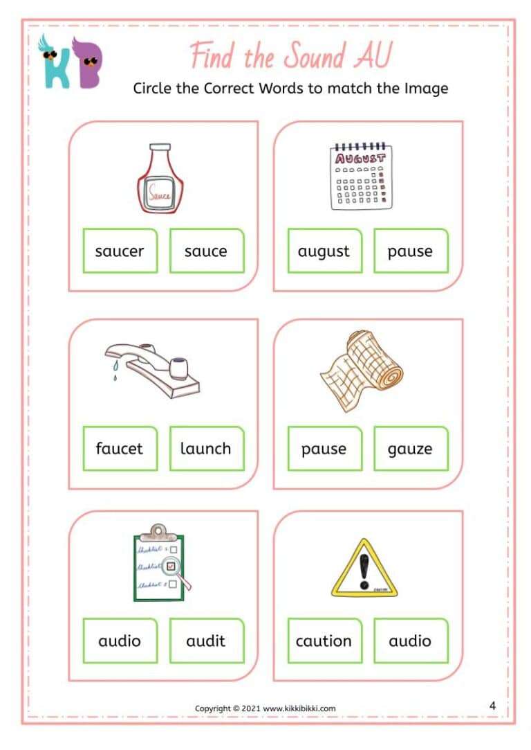 Exploring Vowel Diphthongs: AU Sound Recognition Worksheet