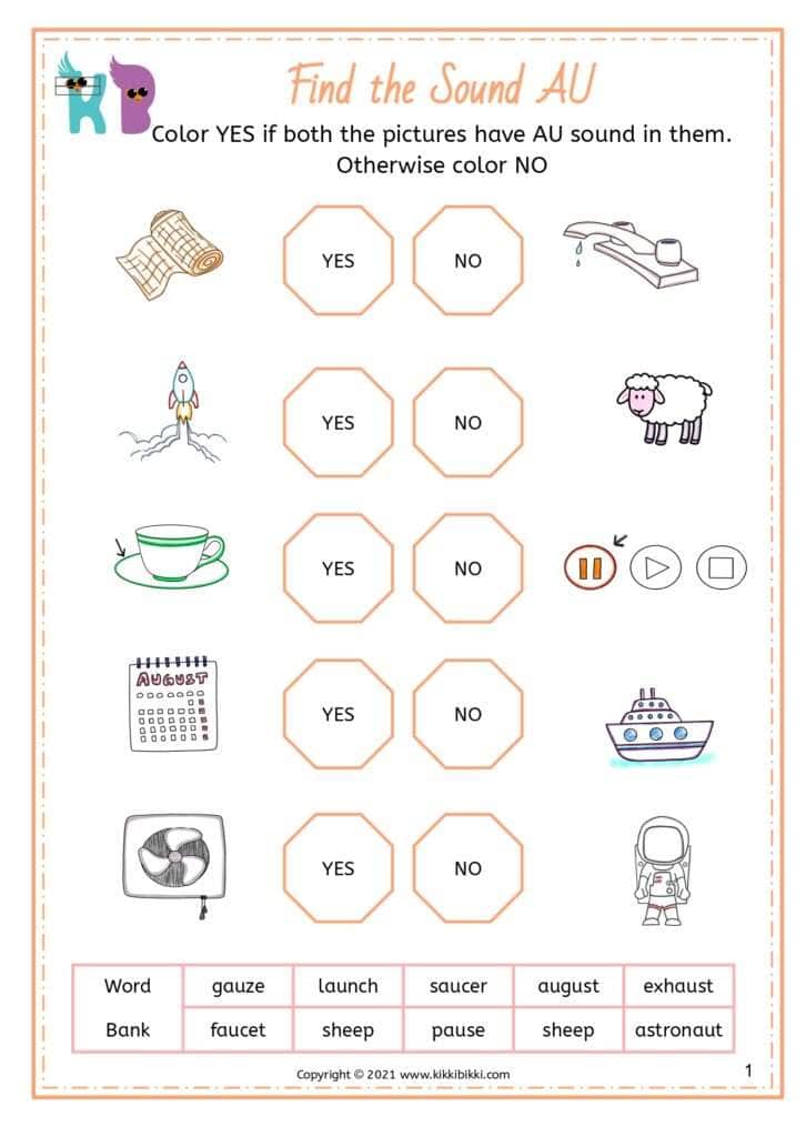 Exploring Vowel Diphthongs: AU Sound Recognition Worksheet