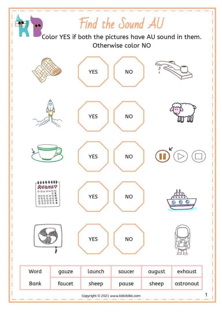Exploring Vowel Diphthongs: AU Sound Recognition Worksheet