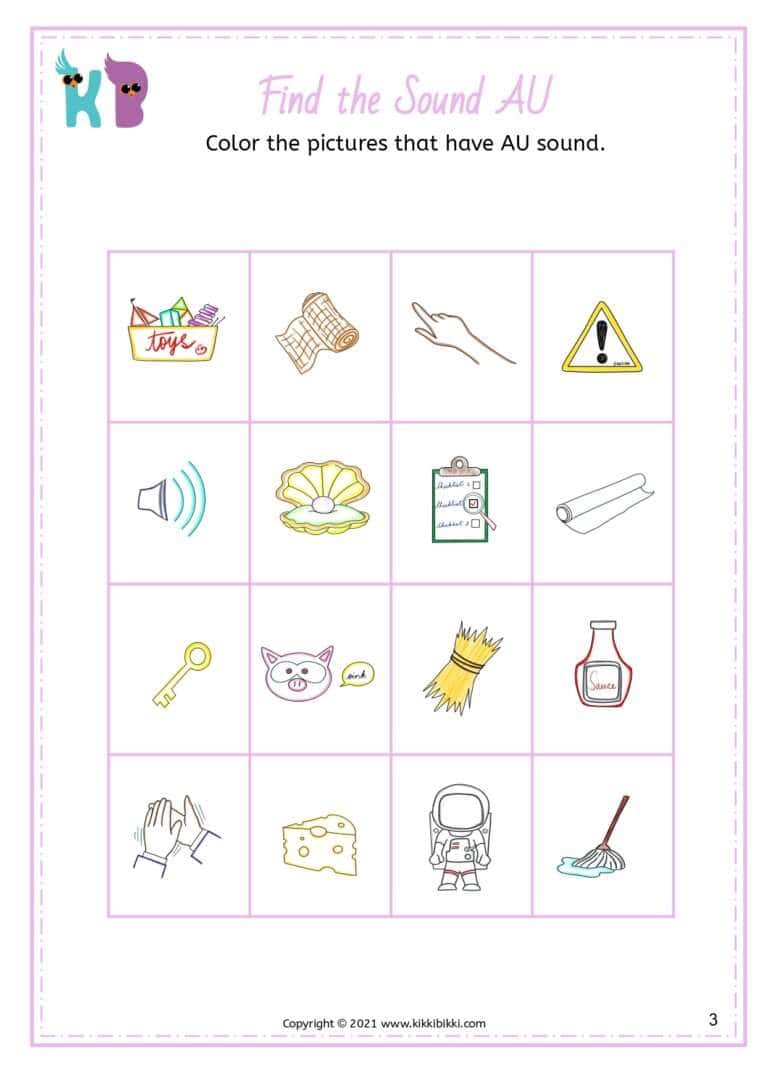 Exploring Vowel Diphthongs: AU Sound Recognition Worksheet