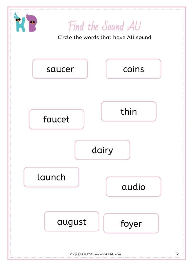 Exploring Vowel Diphthongs: AU Sound Recognition Worksheet