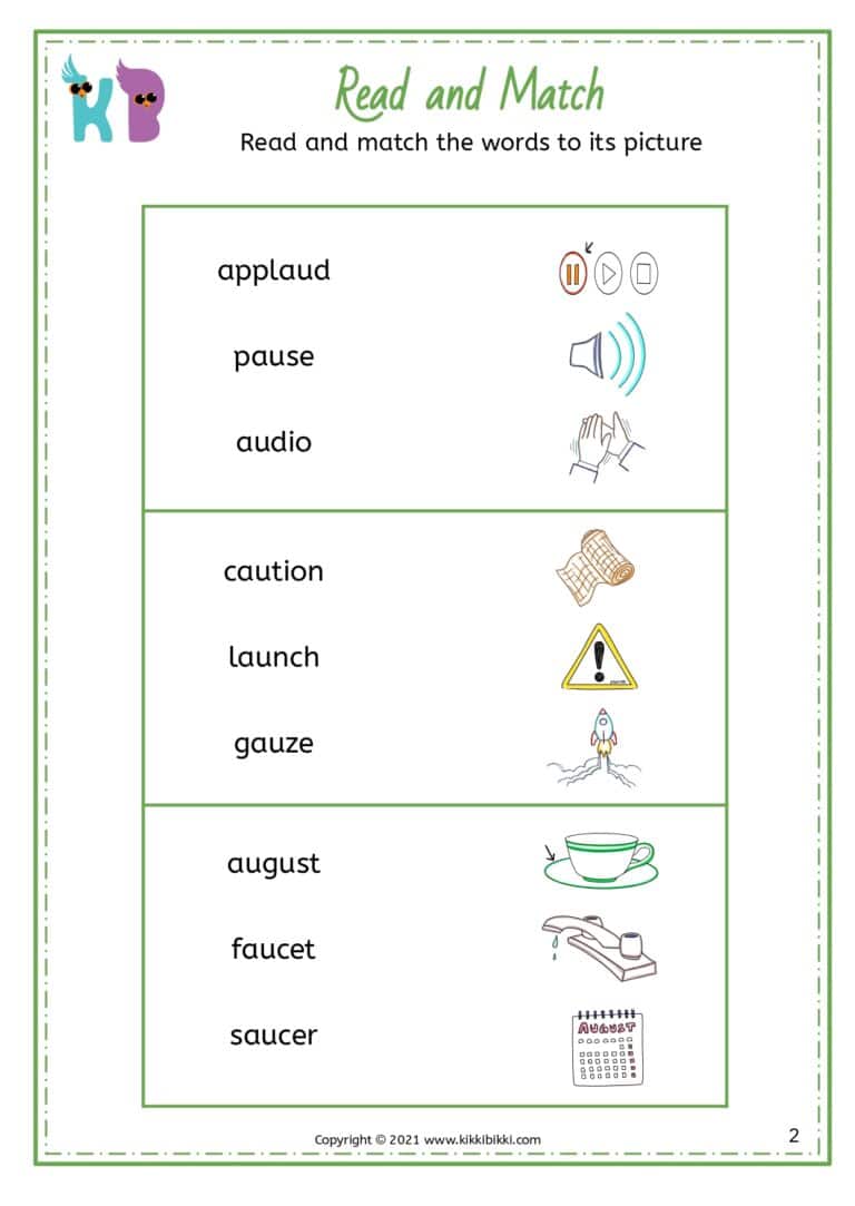 Introduction to AU Sound: Read and Match Worksheets