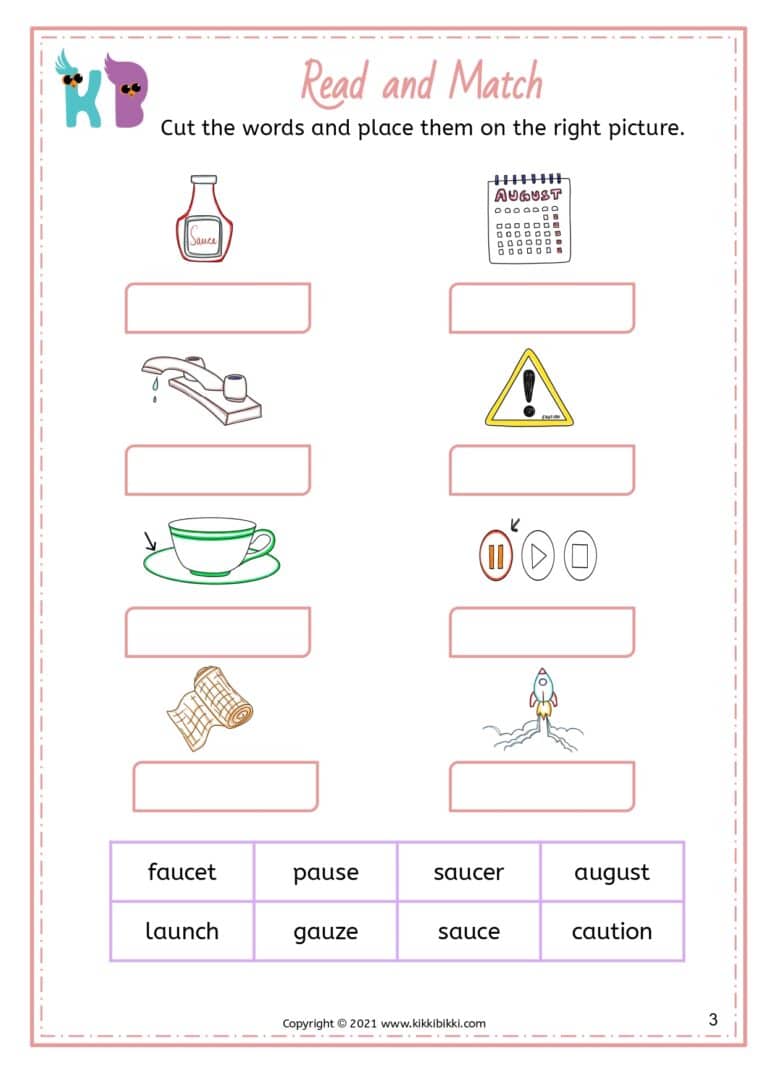 Introduction to AU Sound: Read and Match Worksheets