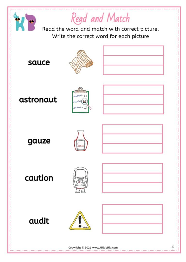Introduction to AU Sound: Read and Match Worksheets