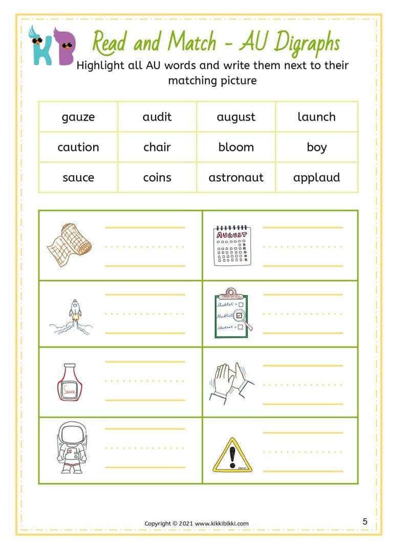 Introduction to AU Sound: Read and Match Worksheets