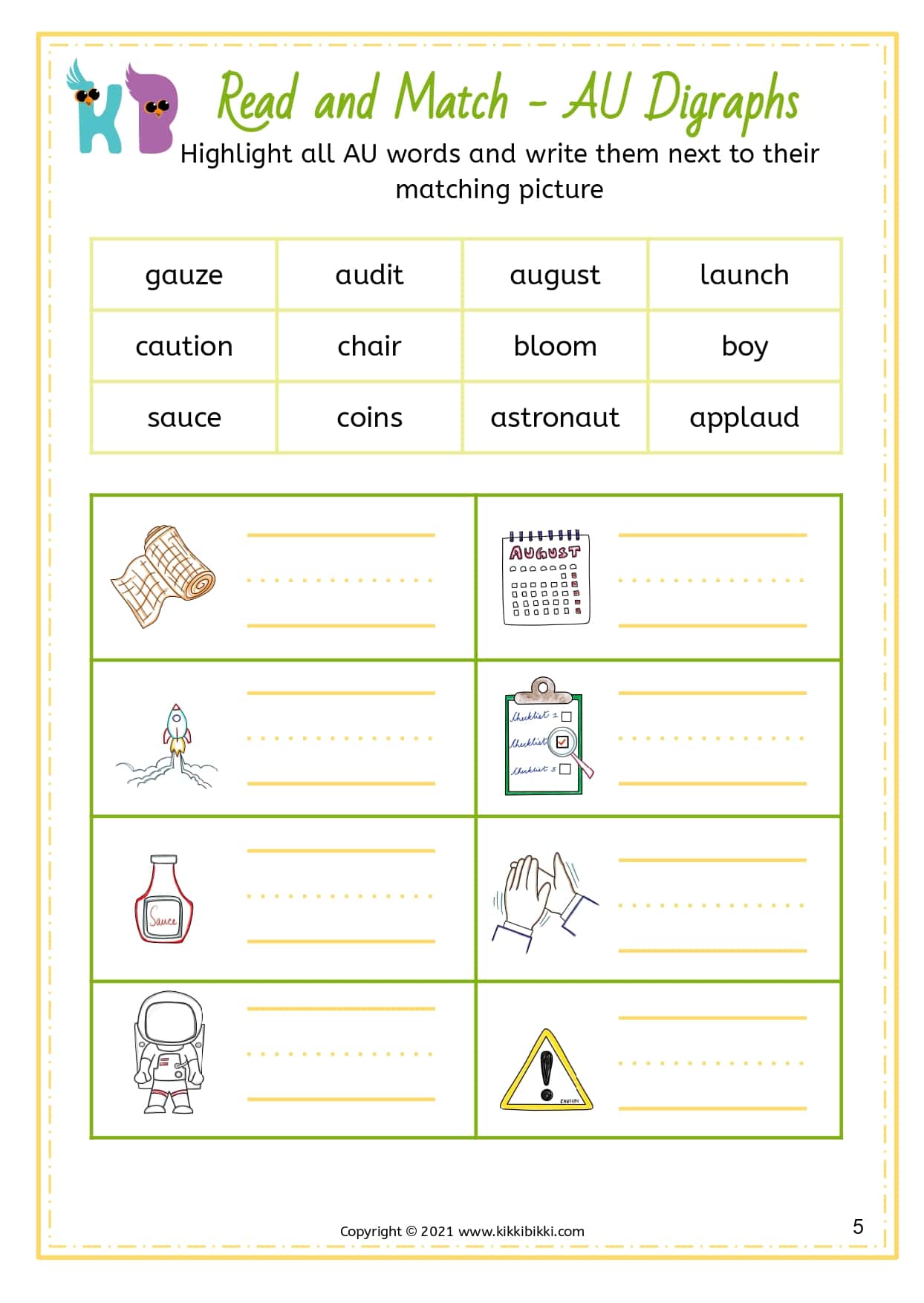 Introduction to AU Sound: Read and Match Worksheets