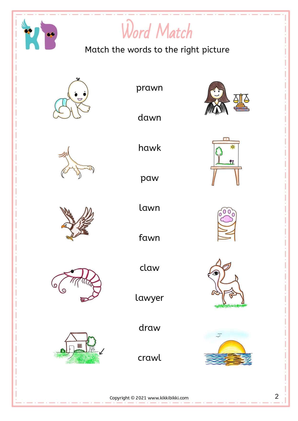 Discover Phonics Fun: AW Sound and Word Match Worksheets