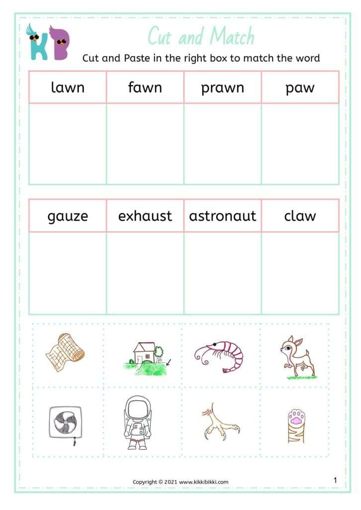 AU and AW Sound Families - Cut and Match Worksheets