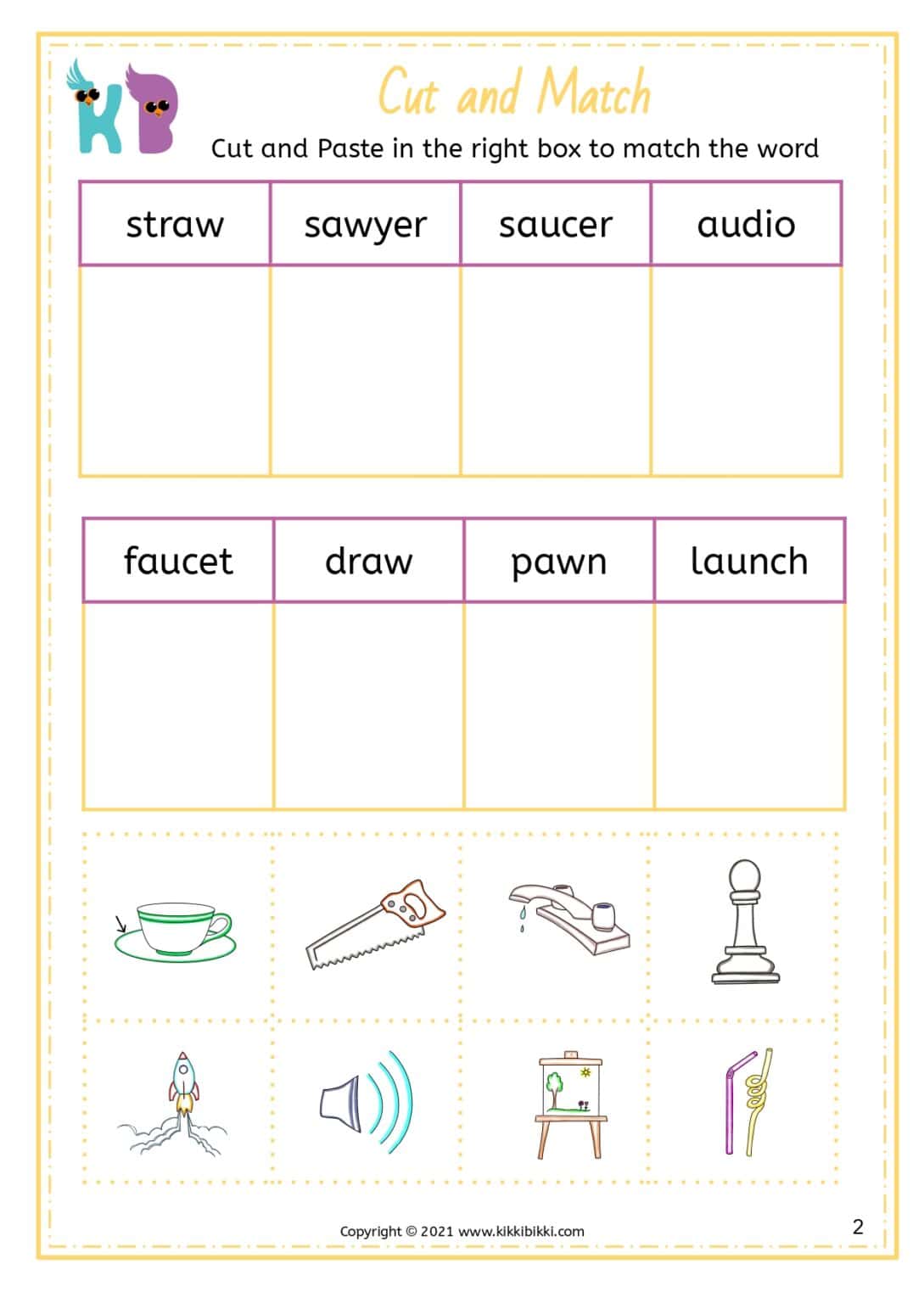 AU and AW Sound Families - Cut and Match Worksheets
