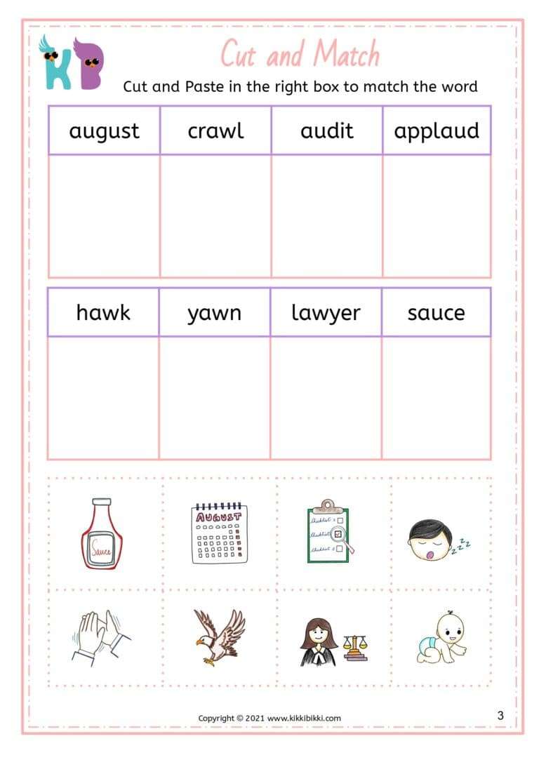 AU and AW Sound Families - Cut and Match Worksheets