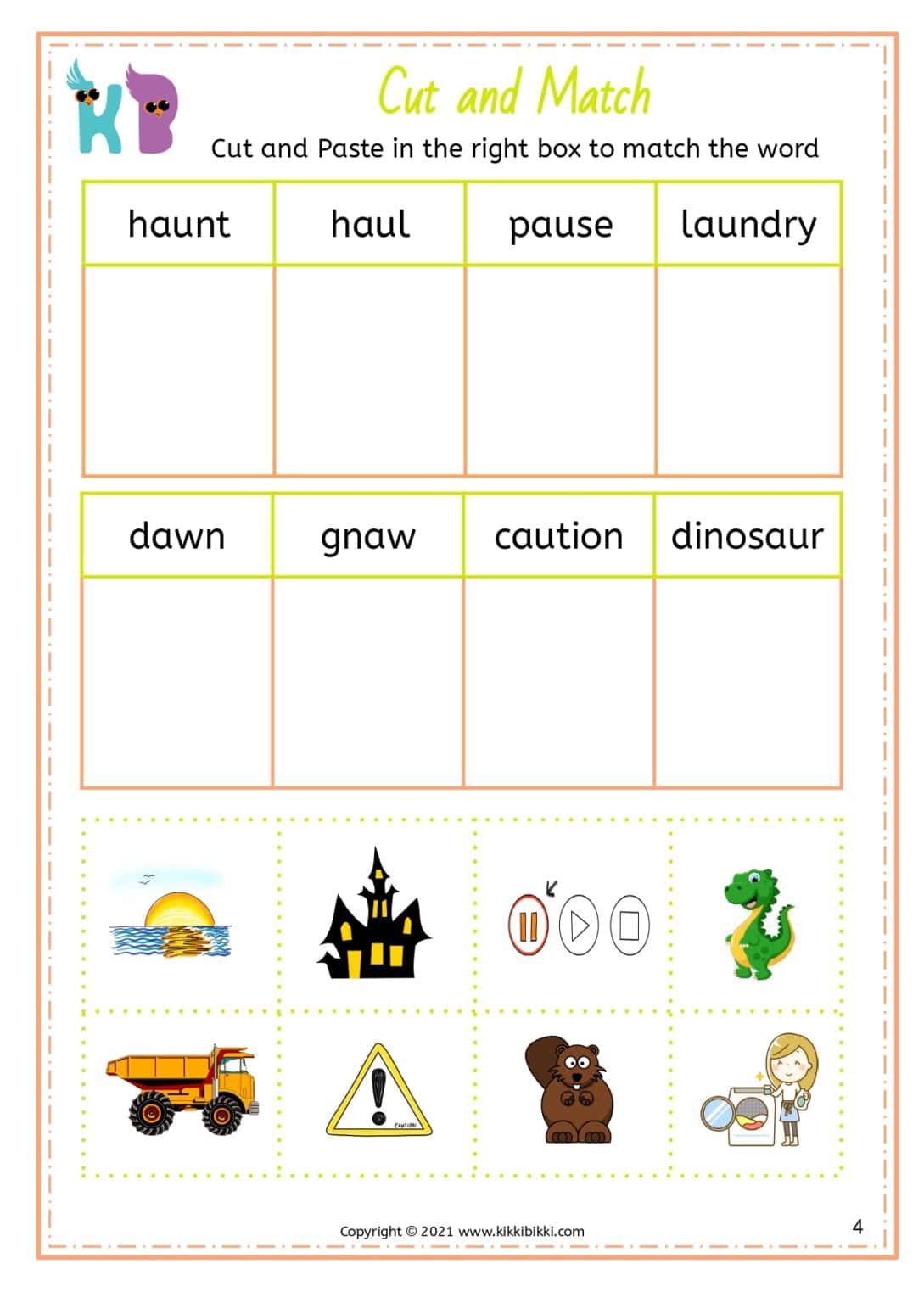 AU and AW Sound Families - Cut and Match Worksheets