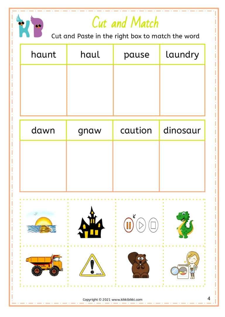 AU and AW Sound Families - Cut and Match Worksheets