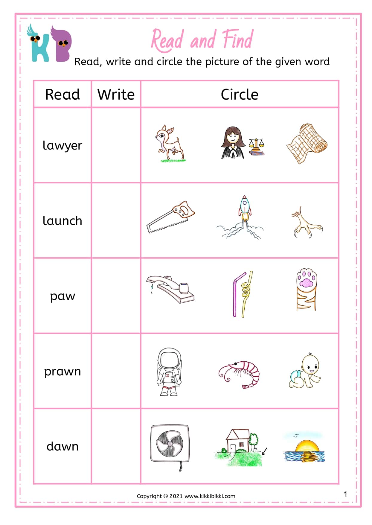 AU and AW Sound Families: Read and Find Worksheets