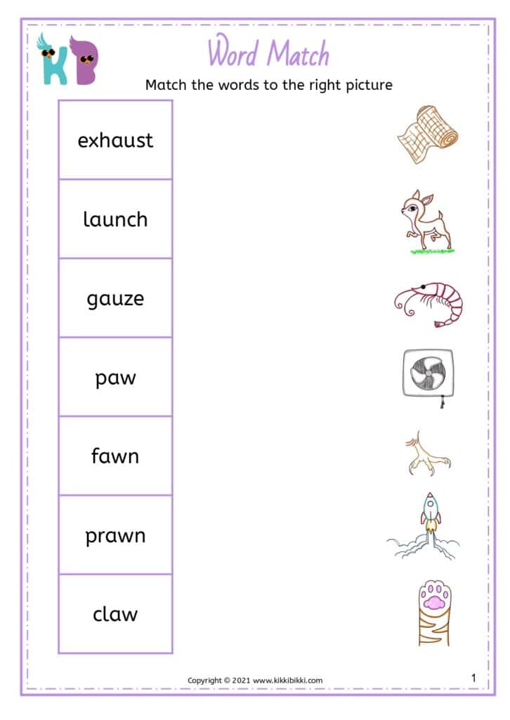 AU and AW Sounds: Free Word Match Worksheets