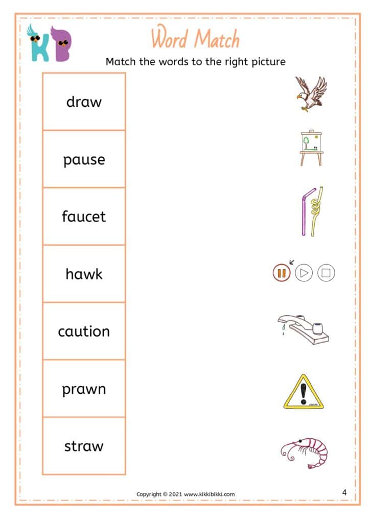 AU and AW Sounds: Free Word Match Worksheets